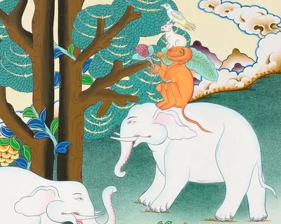 Hand-Painted Four Harmonious Friends Thangka – Traditional Tibetan Art ...