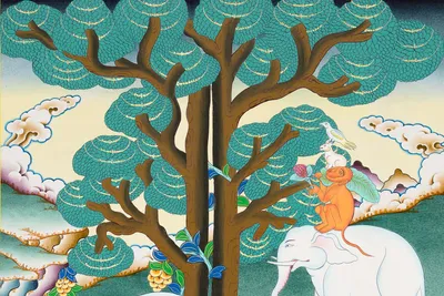 Hand-Painted Four Harmonious Friends Thangka – Traditional Tibetan Art ...
